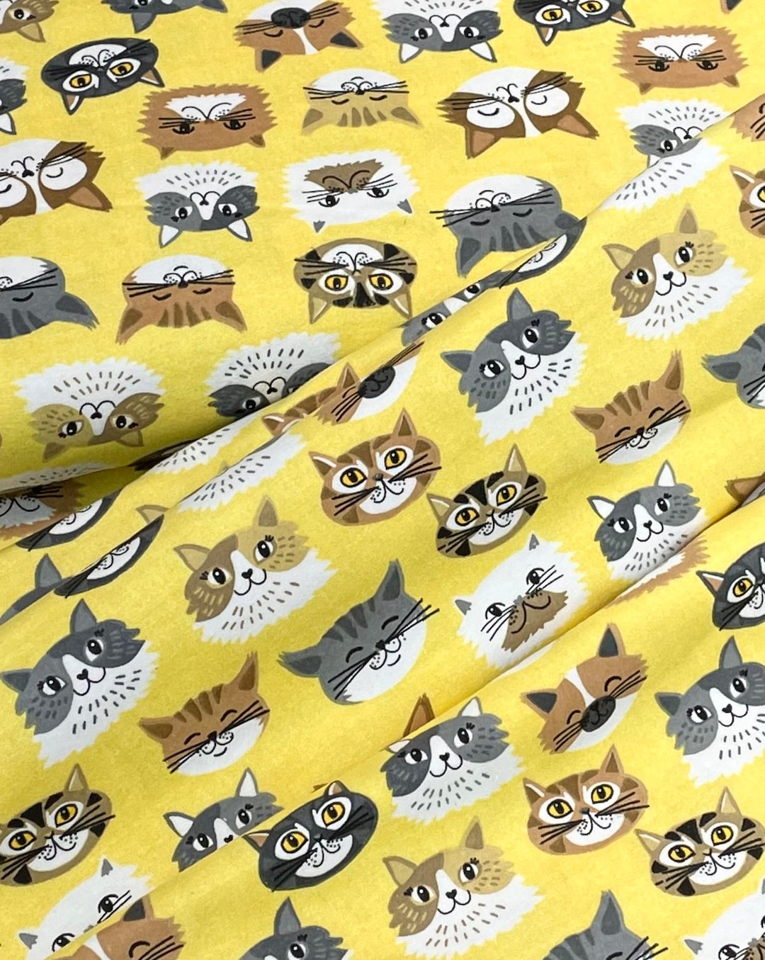 Kitten Kitty Cat Flannel Fabric, Top Quality, Cats on Yellow, Tabby Cat ...