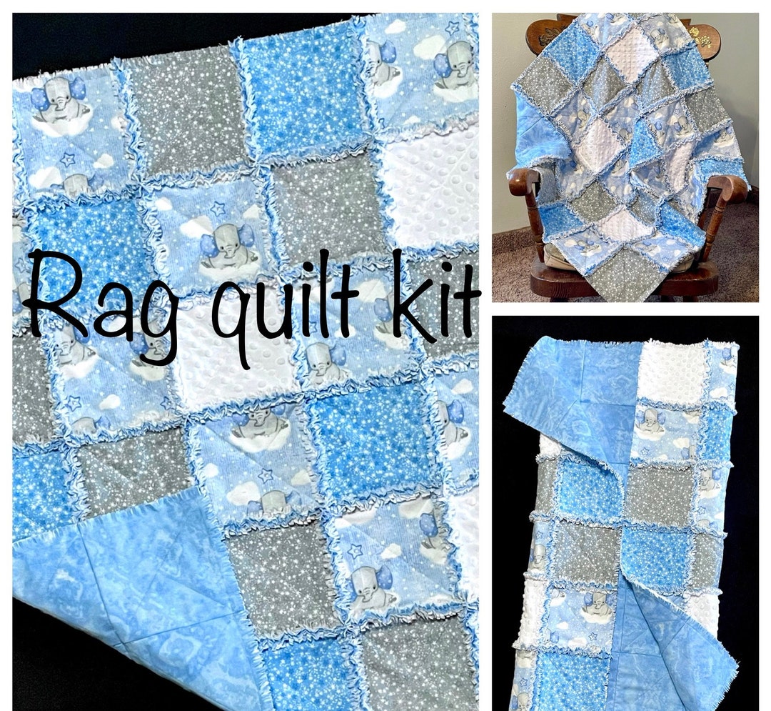 Blue Elephant Rag Quilt Kit, 72 Quilt Blocks 7" Flannel Fabric Pre Cut ...