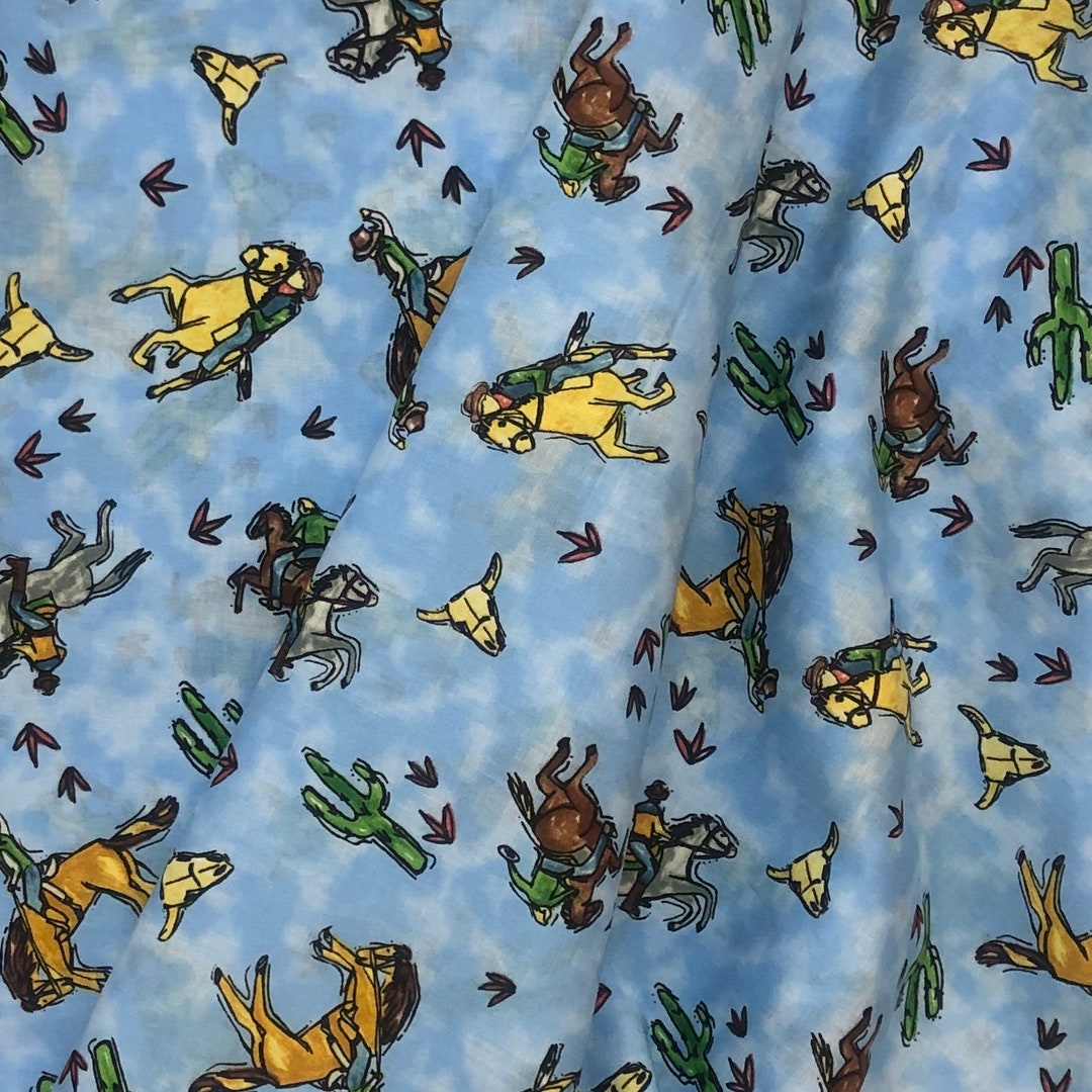 Cowboy Rodeo Western Fabric, Blue, Rodeo Bareback Rider, Cactus, Rodeo ...