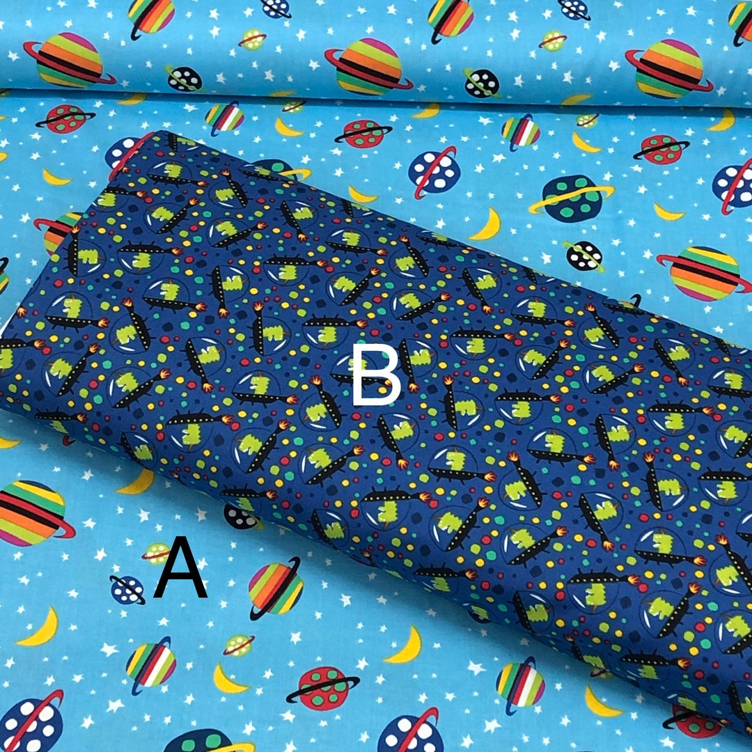 Aliens Outer Space Cotton Fabric, Boy Quilt Fabric, Planets, Mars Venus ...