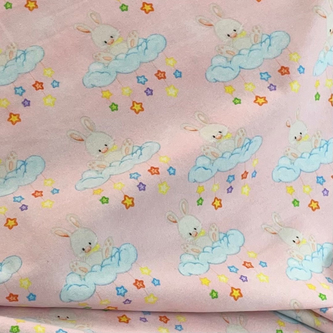 Bunny Rabbit Pink Flannel Floating on White Clouds Yellow - Etsy