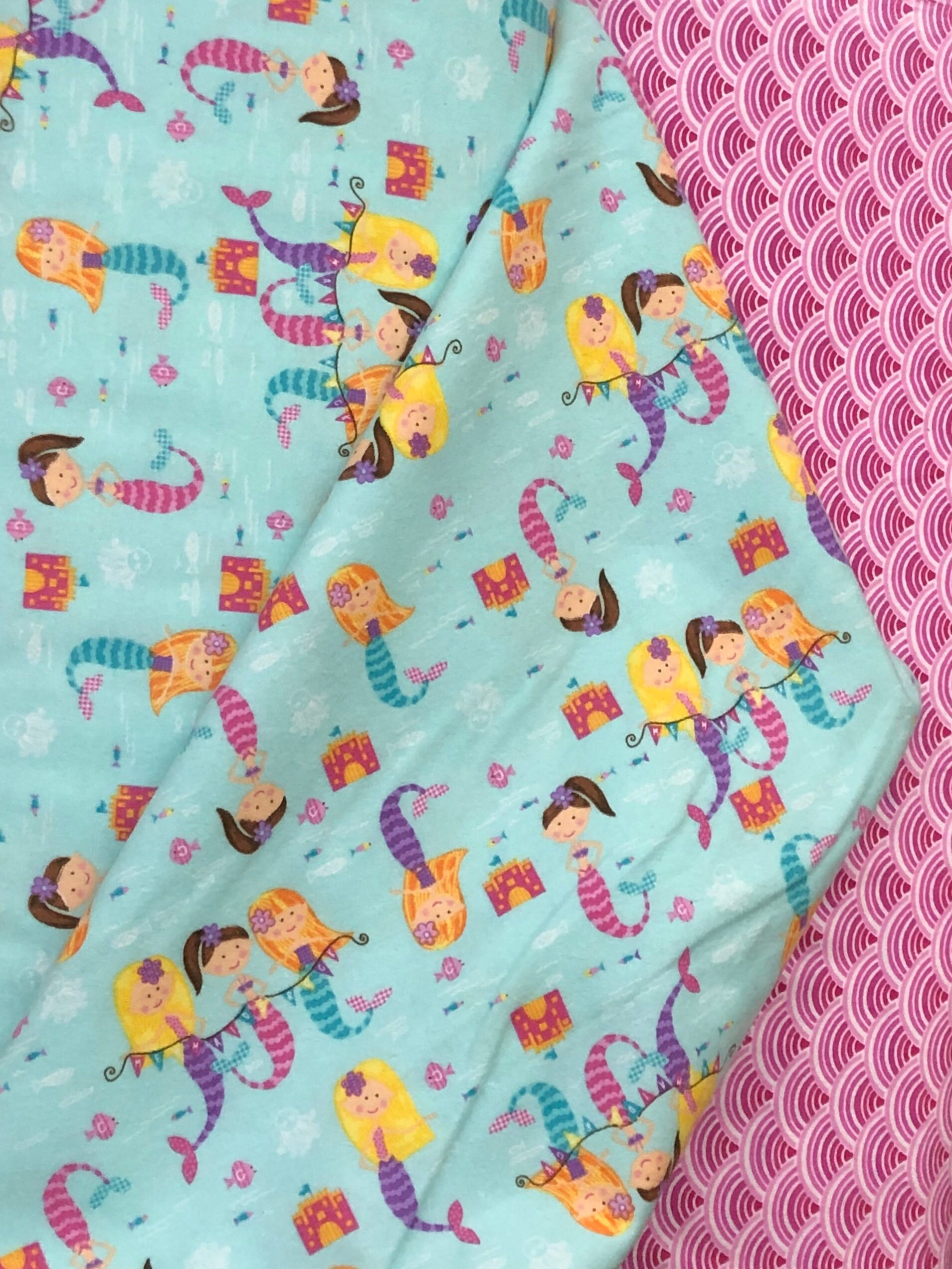 Mermaid flannel fabric fish ocean sea aqua blue pink girl | Etsy