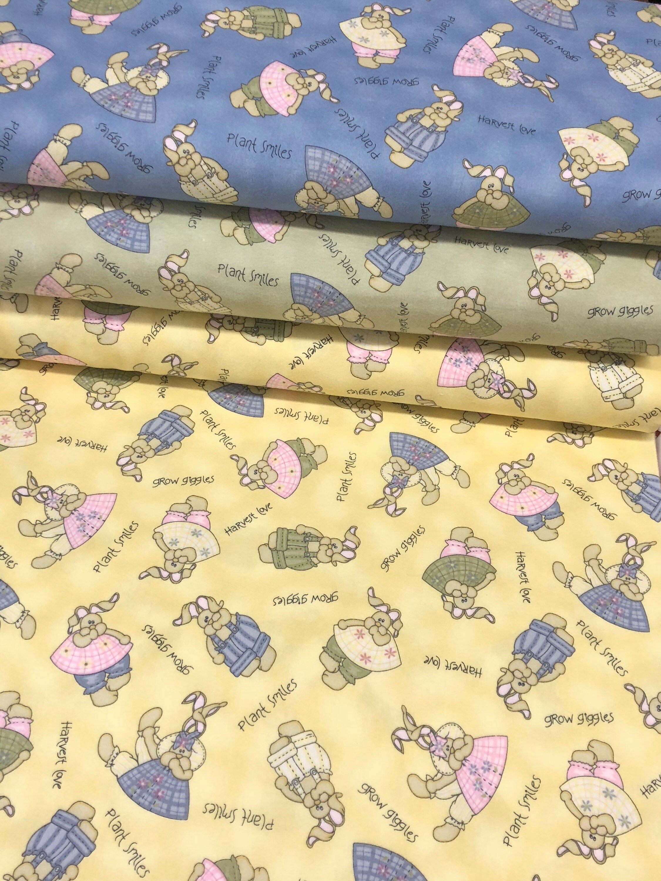Bunny Rabbit FLANNEL blue yellow green baby blanket fabric | Etsy