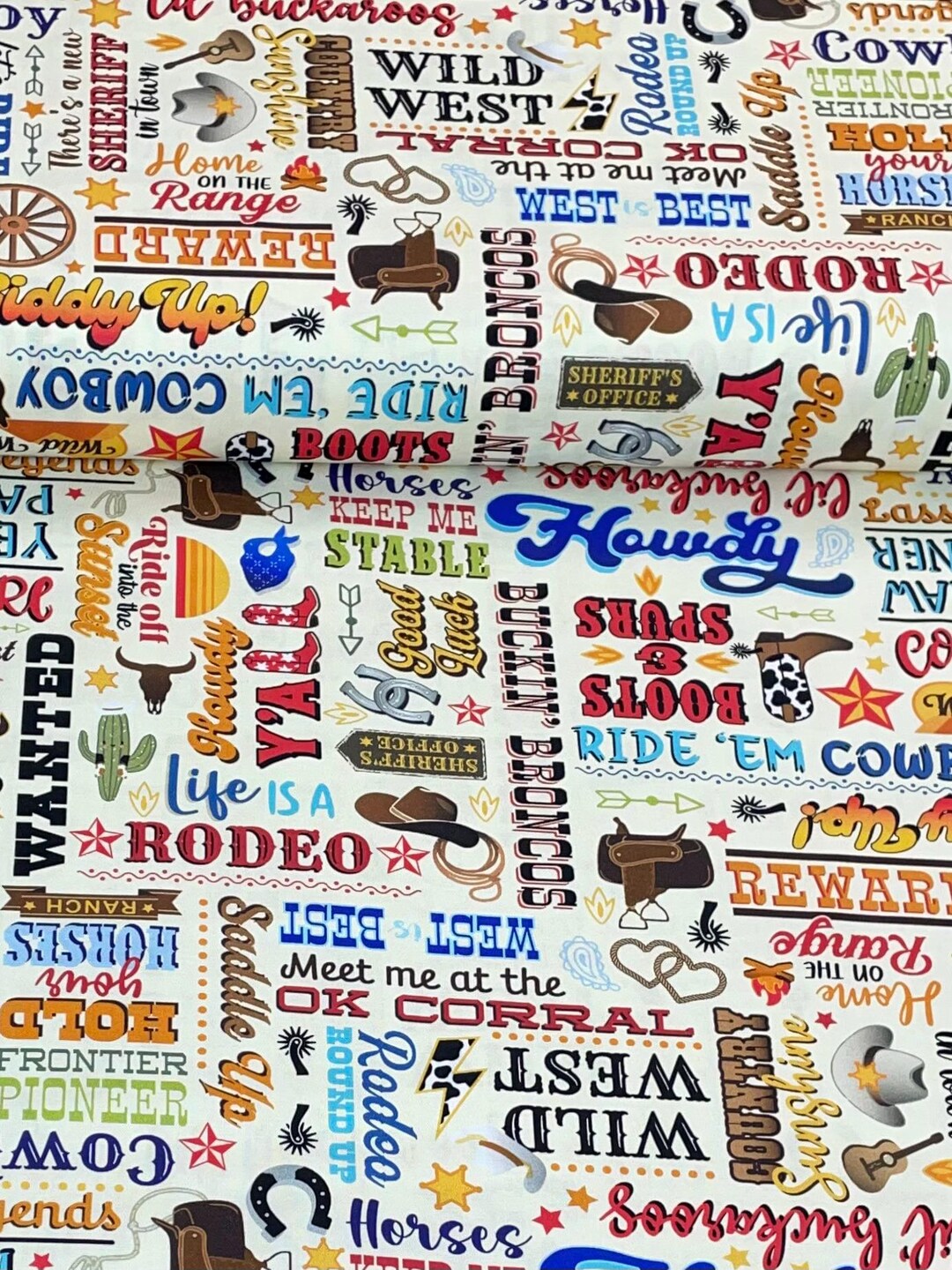 30" Lil Buckaroo's Wild West Words. Cowboy Rodeo Western Fabric, Green ...
