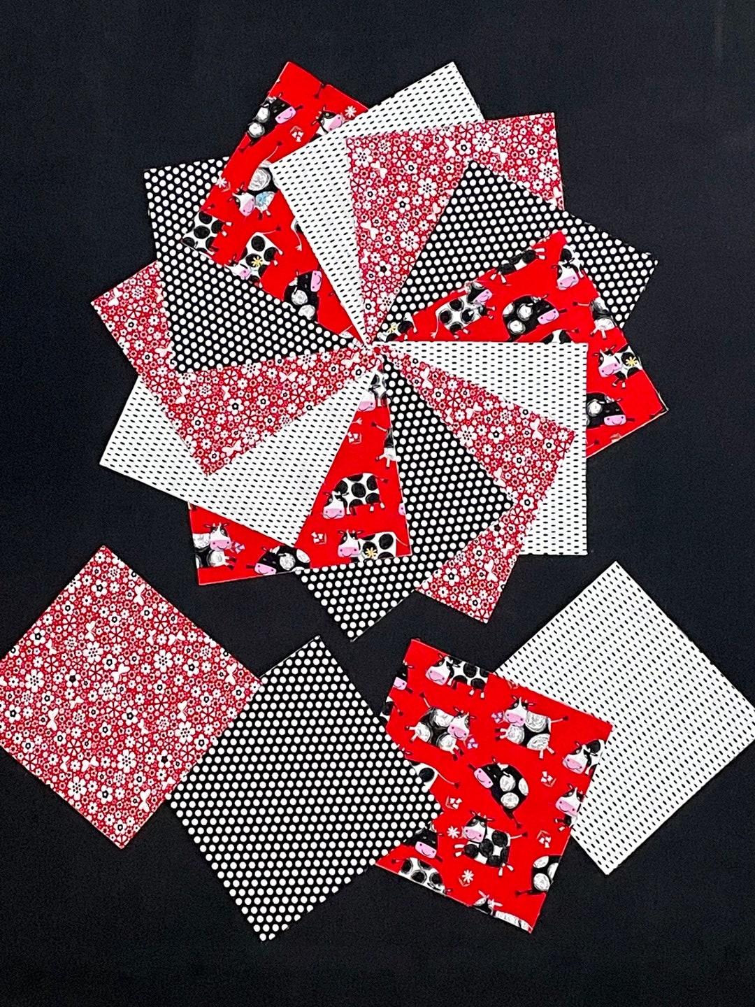 SALE 48 Cow 7 Inch Square Quilt Blocks, Red White, Flowers, Black White ...