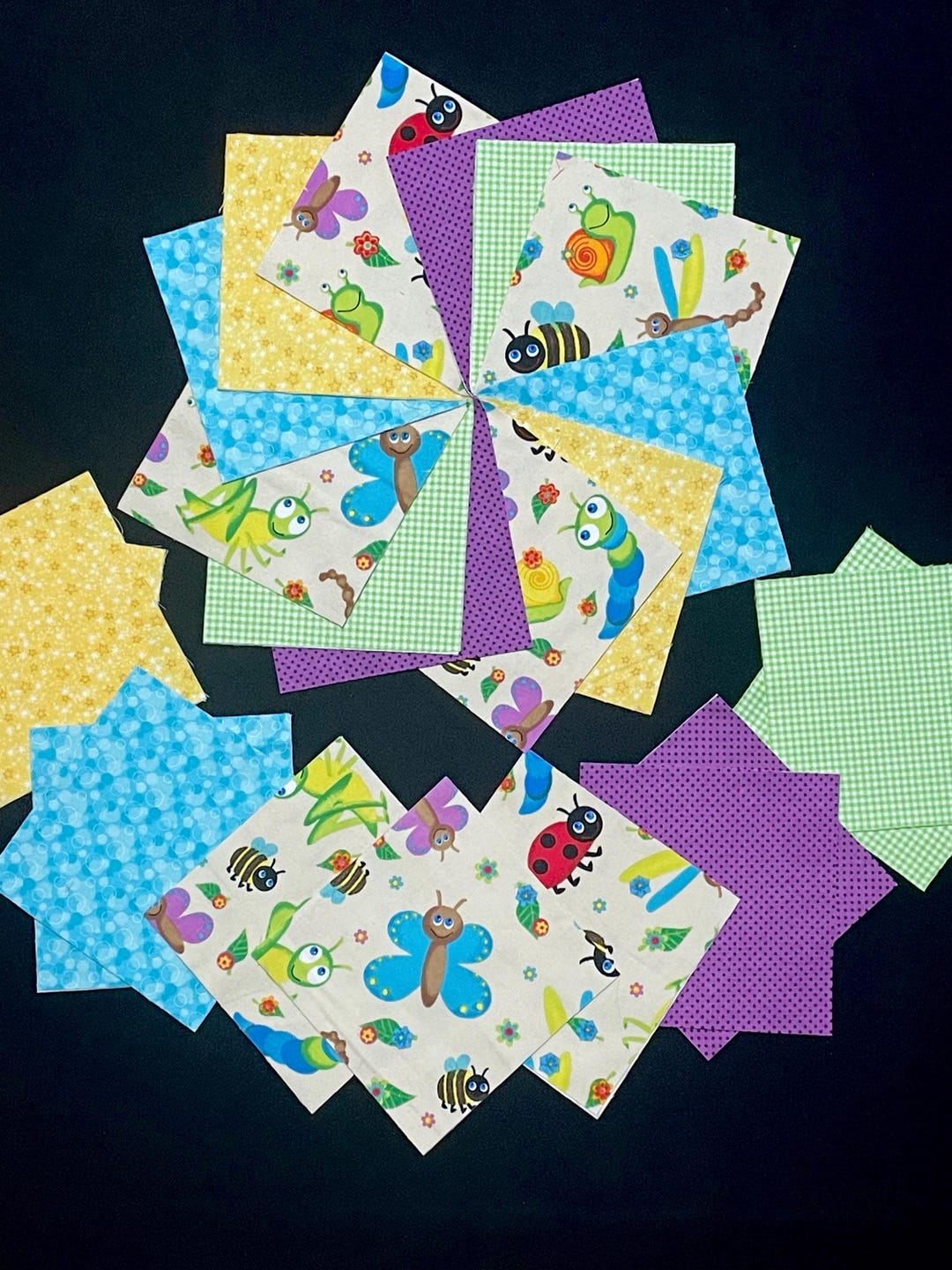 Insect Bugs 7" Square Quilt Blocks, 48 Pre Cut, Aqua Yellow Purple ...