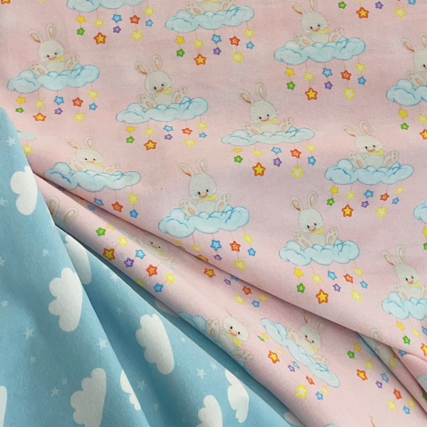 Bunny Rabbit Pink Flannel Floating on White Clouds Yellow | Etsy