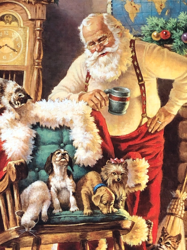 Santa Clause A Classic Christmas Fabric Panel Puppies and | Etsy