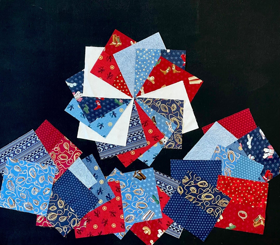 53 Western Rodeo 7" Pre Cut Square Quilt Blocks, Red Blue Paisley, DIY ...