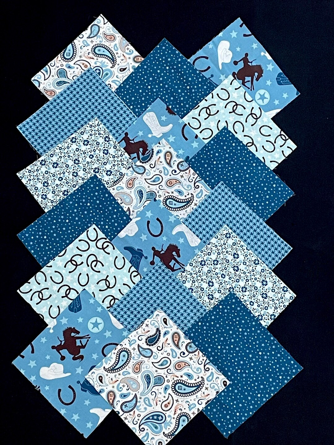 42 Western Rodeo 7" Pre Cut Square Quilt Blocks, Tan Blue Paisley, DIY ...