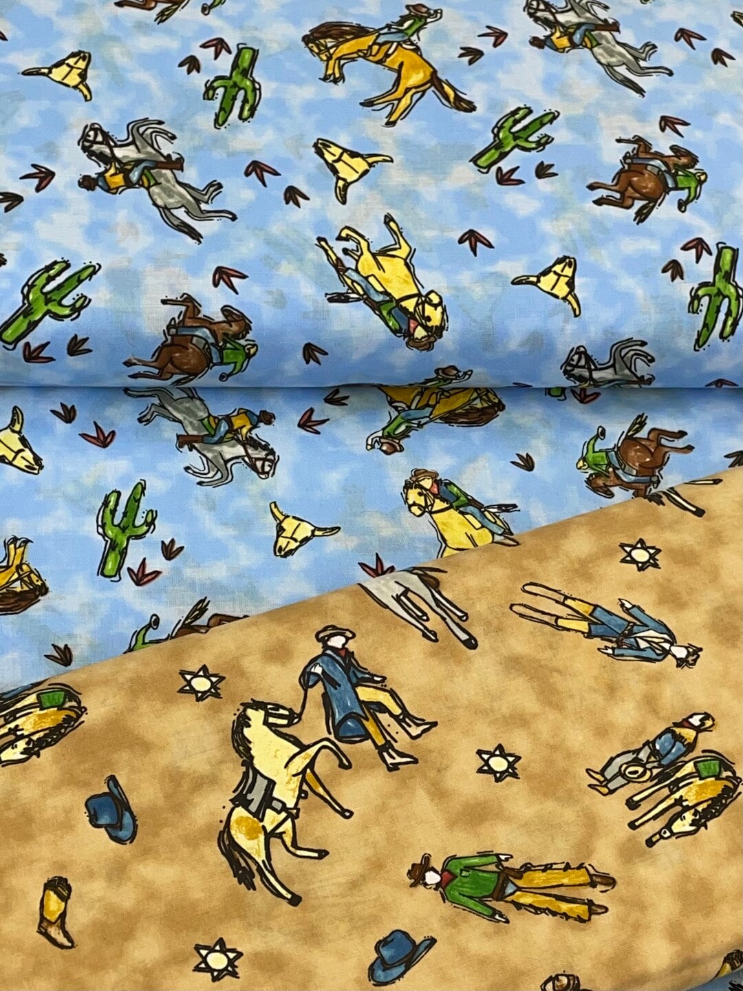 Cowboy Rodeo Western Fabric, Beige Cream Blue Fiesta Rodeo Rider ...