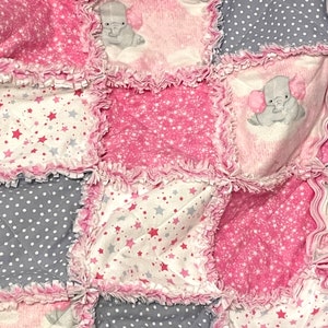 Pink Elephant Baby Rag Quilt Kit, 72 Pre Cut 7" Flannel Square Blocks ...