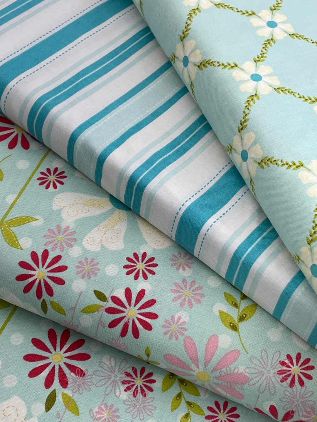Floral Flower Girl Cotton Spring Fabrics, Aqua Blue White Pink Green ...