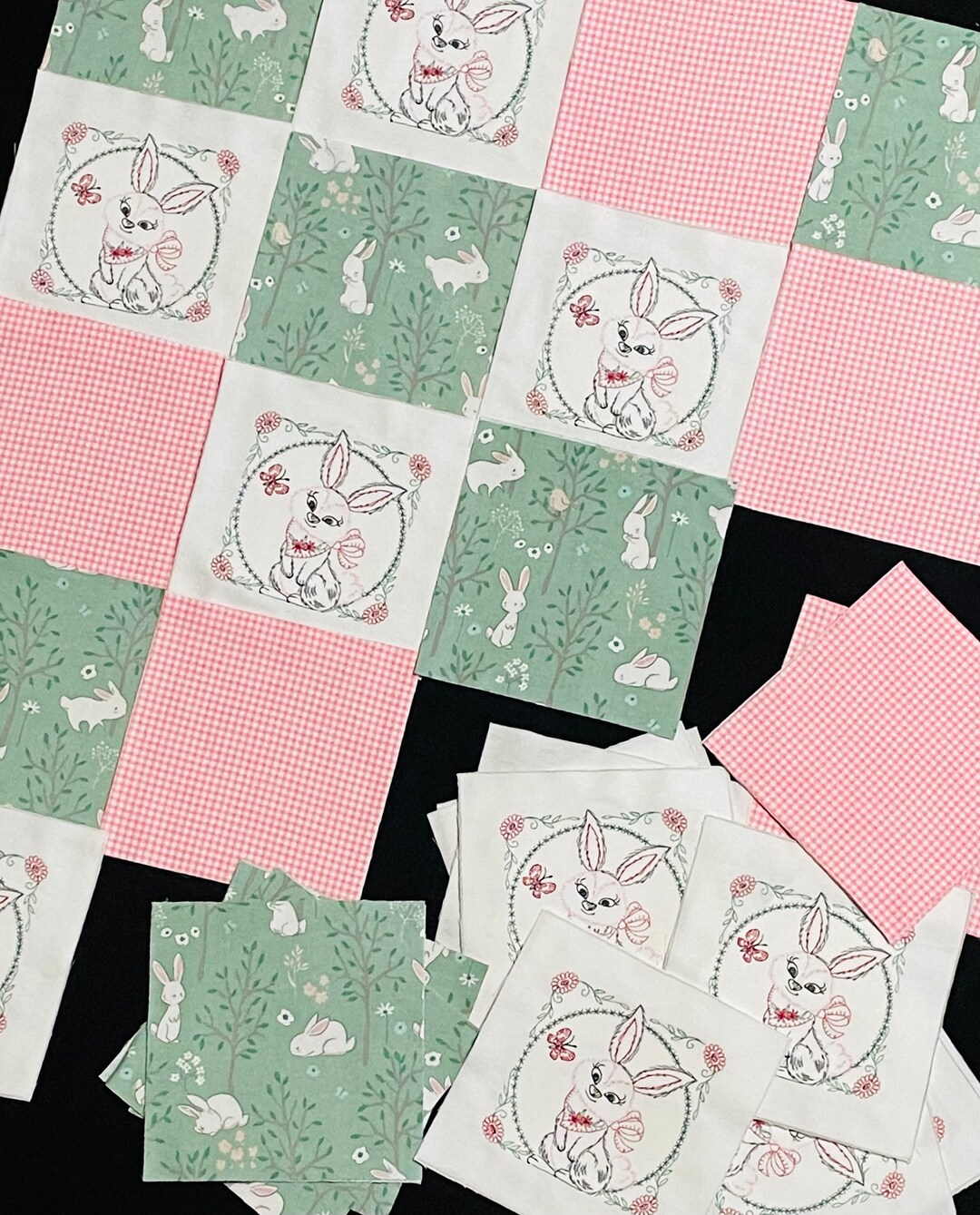 42 Embroidered Bunny Rag Quilt Blocks, 7" Flannel Fabric Pre Cut ...