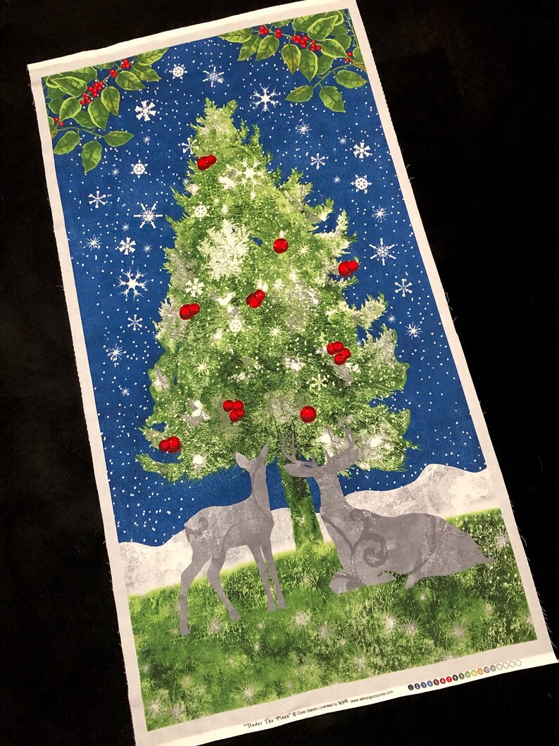 Reindeer CHRISTMAS Fabric Panel, Pine Tree, Winter Berry, Holy Berries ...