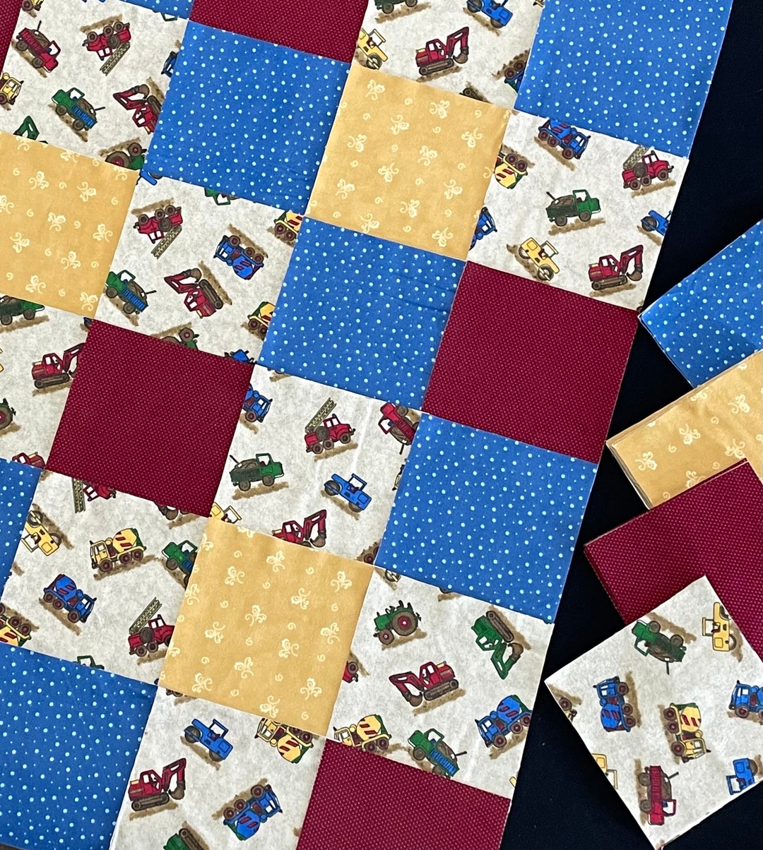72 Equipment Construction RAG QUILT Kit, 7 Square Blocks, Soft Warm ...