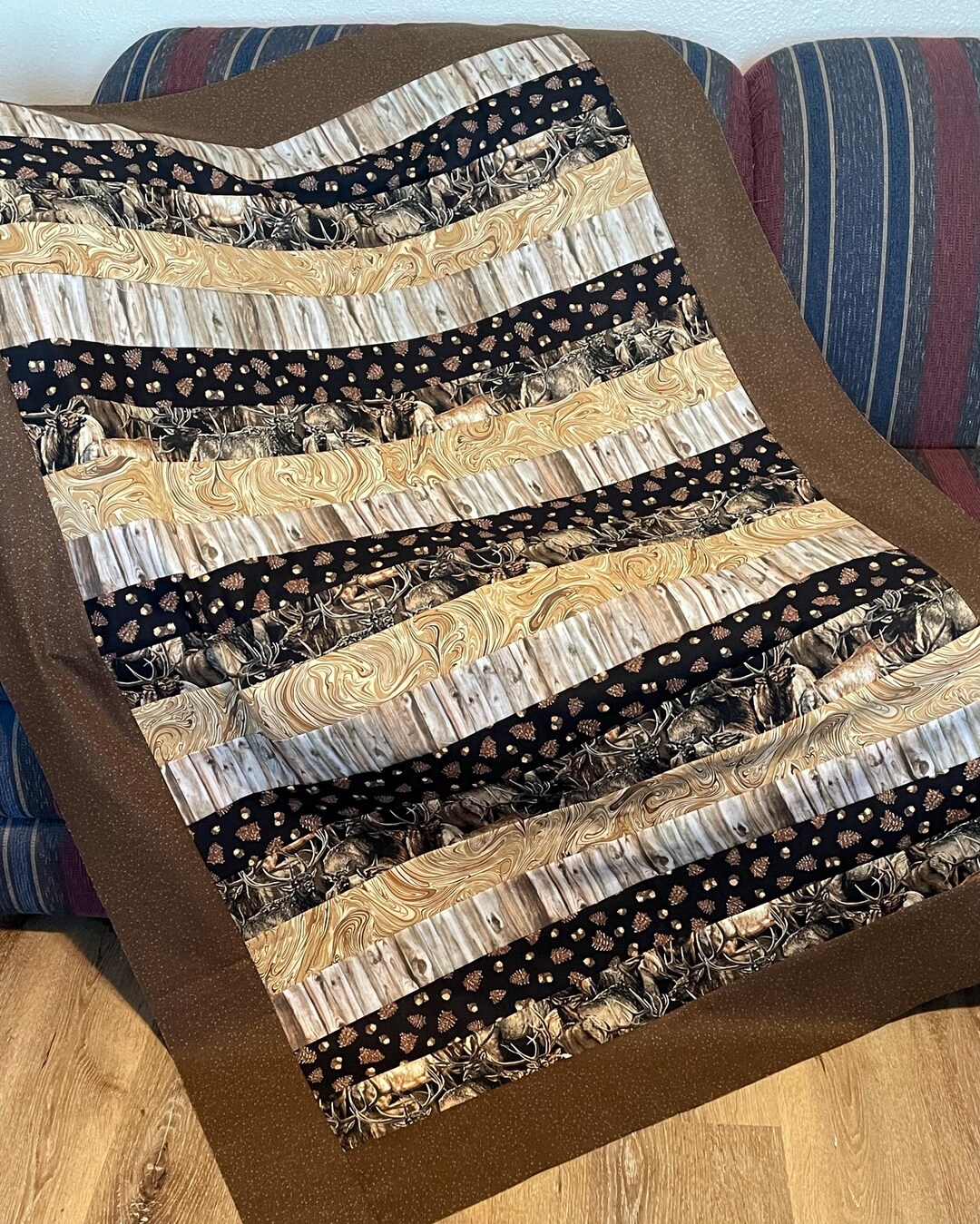 Wildlife Woodland Elk Quilt Top, Handmade Lap Quilt, Strip Quilt, Beige ...