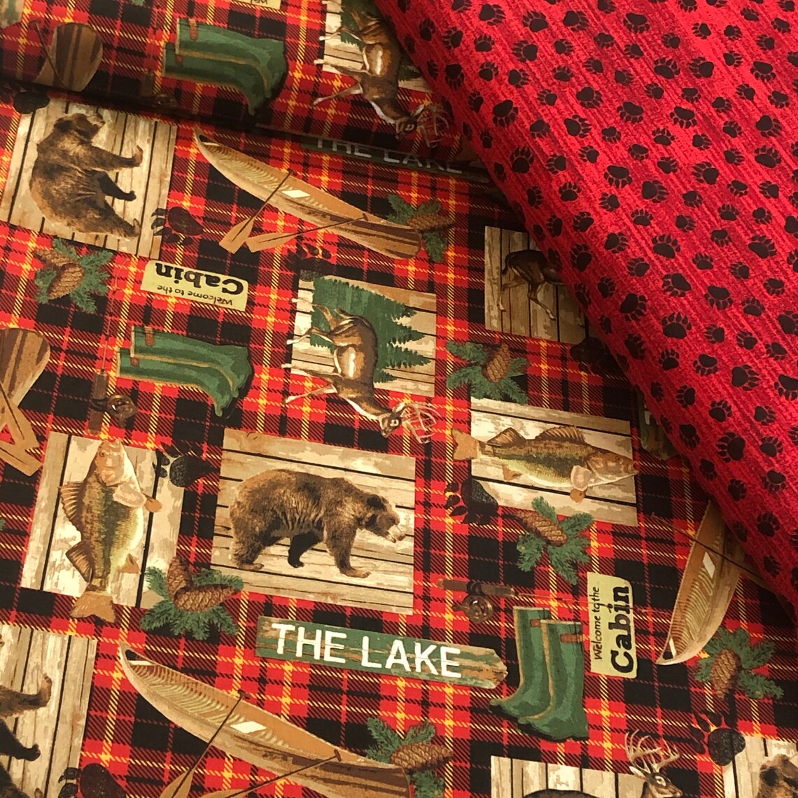 Lake House fabric deer bear fish paw prints red tan green | Etsy