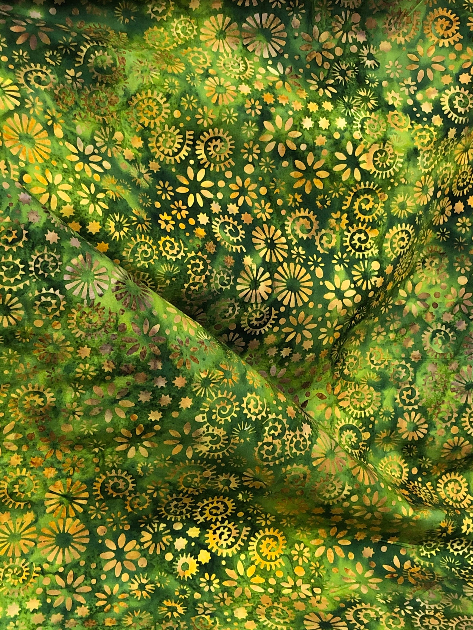 Batik fabric green sage green flowers leaf greenery line | Etsy