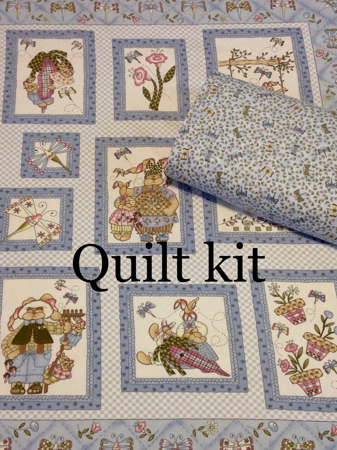 Bunny QUILT KIT Panel, Binding and Backing, Dragonfly Flowers Bunny ...