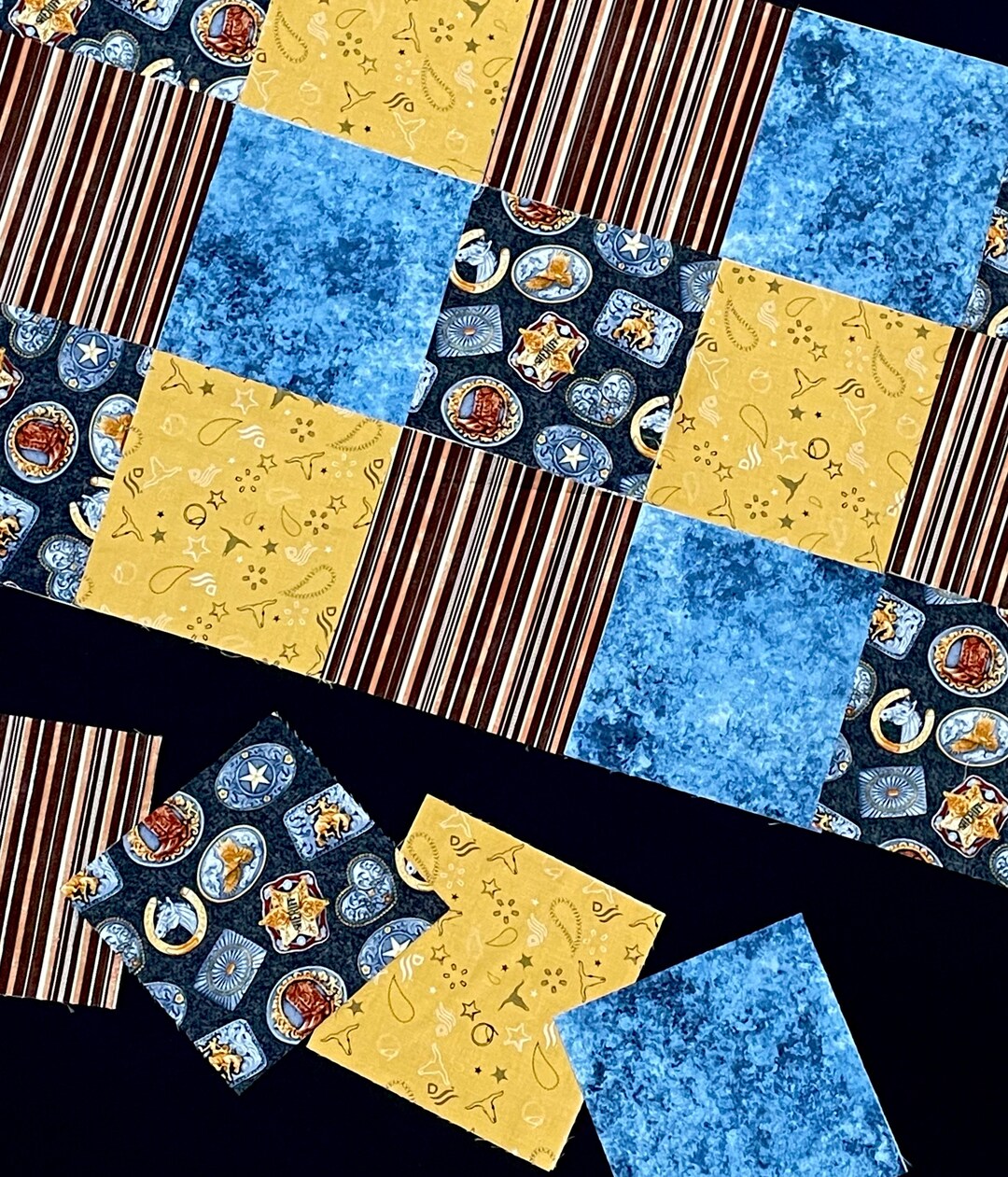 48 Western Rodeo Cowboy 7 Inch Square Quilt Blocks, Cotton, Blue Brown ...