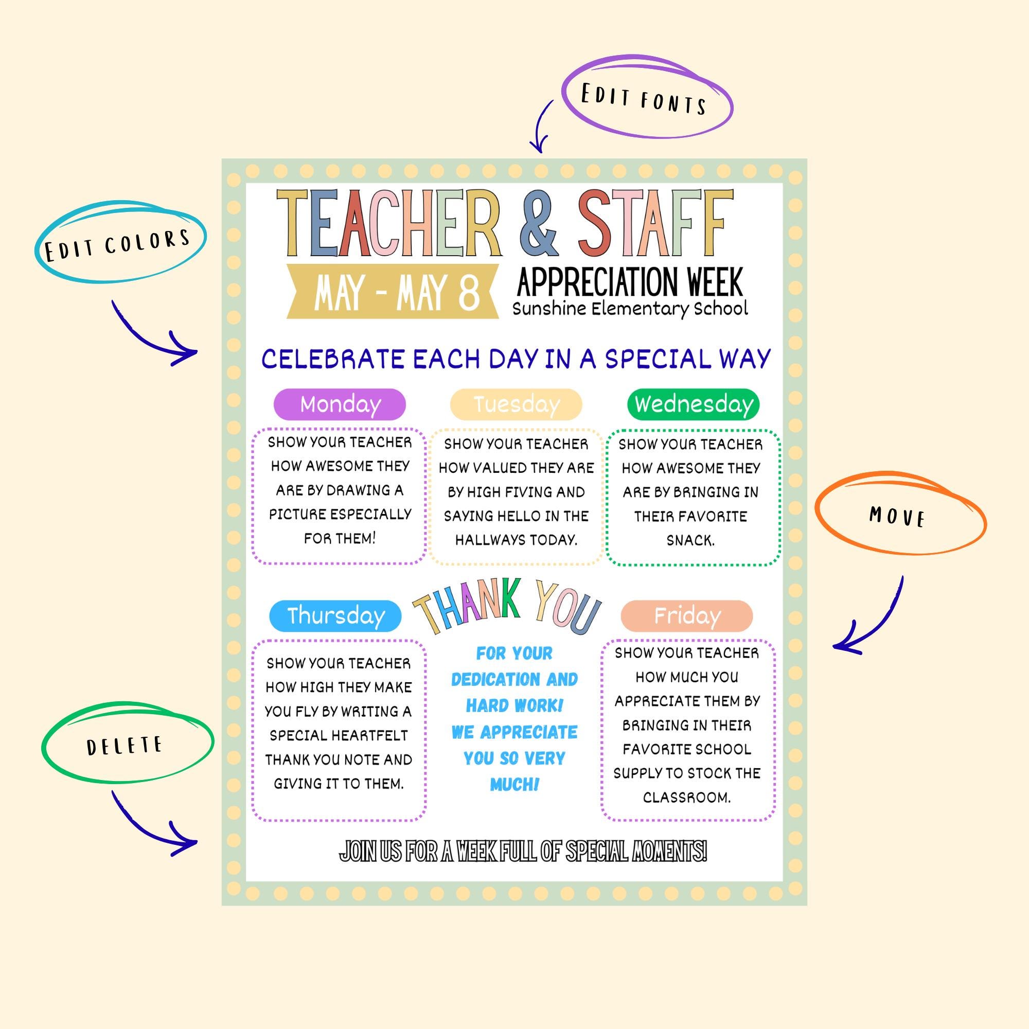 Teacher Appreciation Week Schedule Flyer, Teacher Gifts, Daily ...