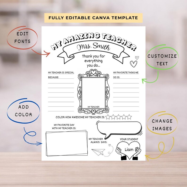 Teacher Appreciation Coloring Page | Editable Canva Template + PDF ...