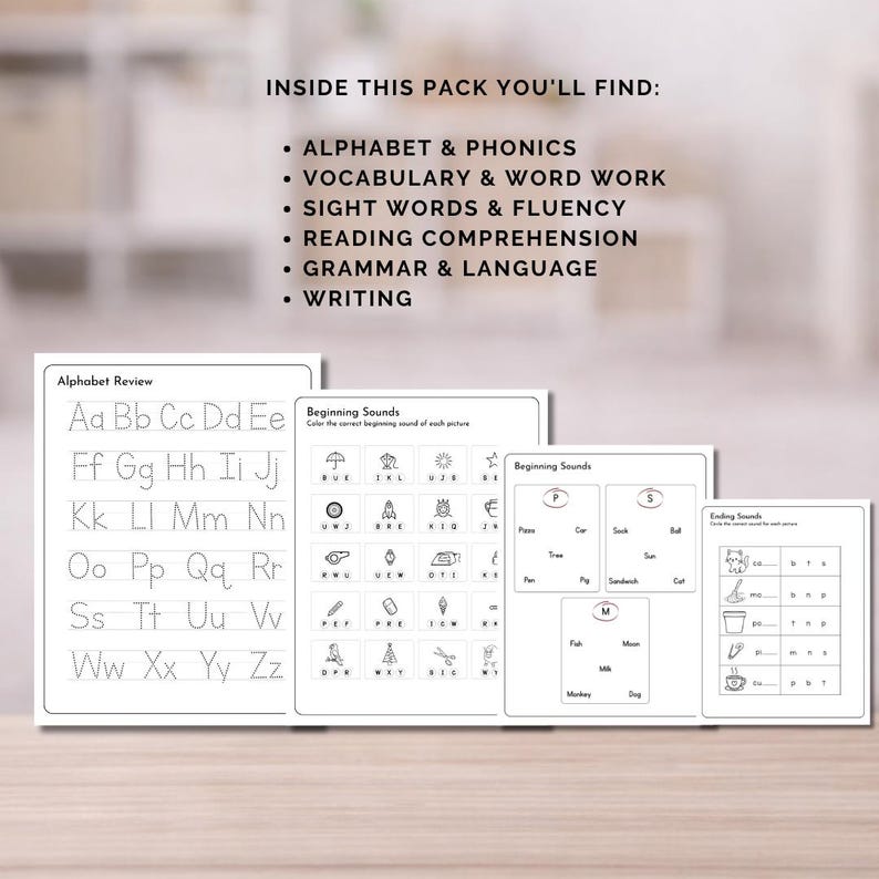 Kindergarten ELA Review Pack | Phonics, Vocabulary, Grammar Worksheets ...
