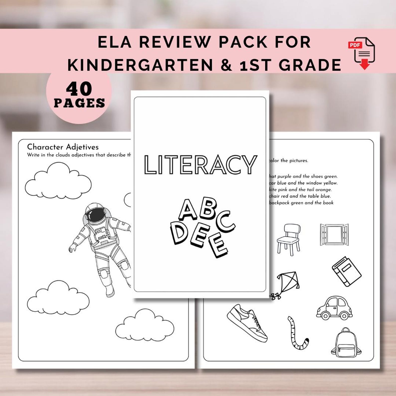 Kindergarten ELA Review Pack | Phonics, Vocabulary, Grammar Worksheets ...