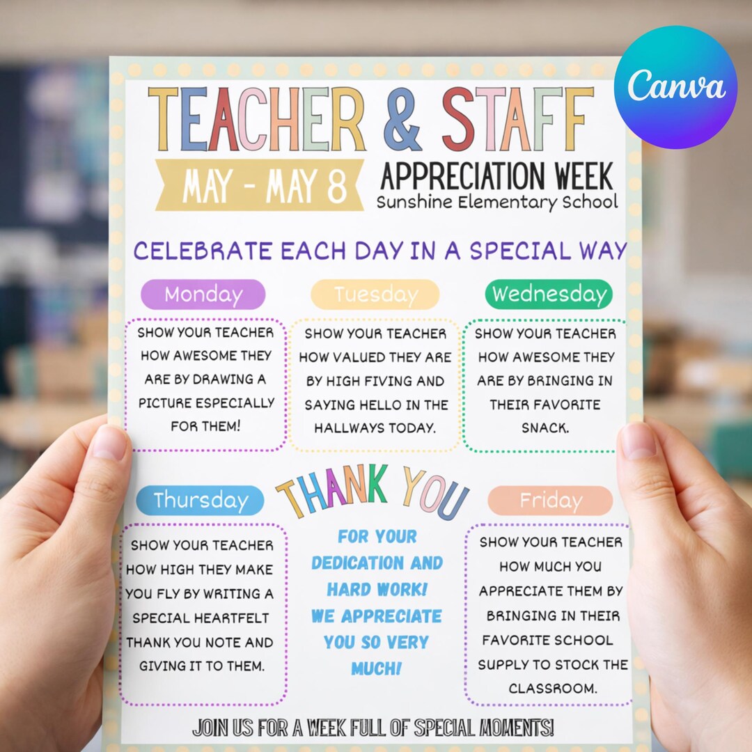 Teacher Appreciation Week Schedule Flyer, Teacher Gifts, Daily ...
