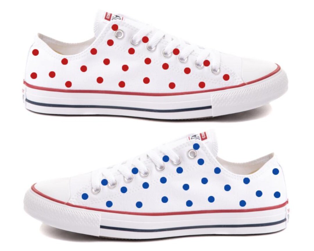 Classic White Converse Hand Painted With Mismatched Red and Blue Polka ...