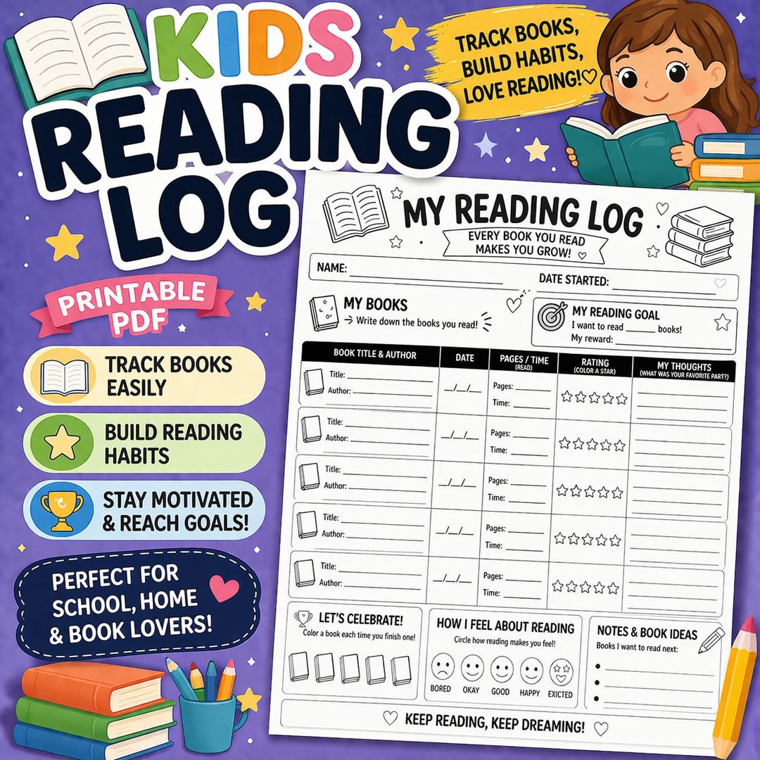 Kids Reading Log Tracker | Printable Book Journal (PDF Download) - Etsy