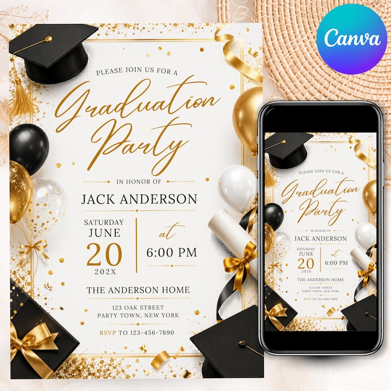 Graduation Party Invitation Template, Class of 2026 Invite, Black Gold ...