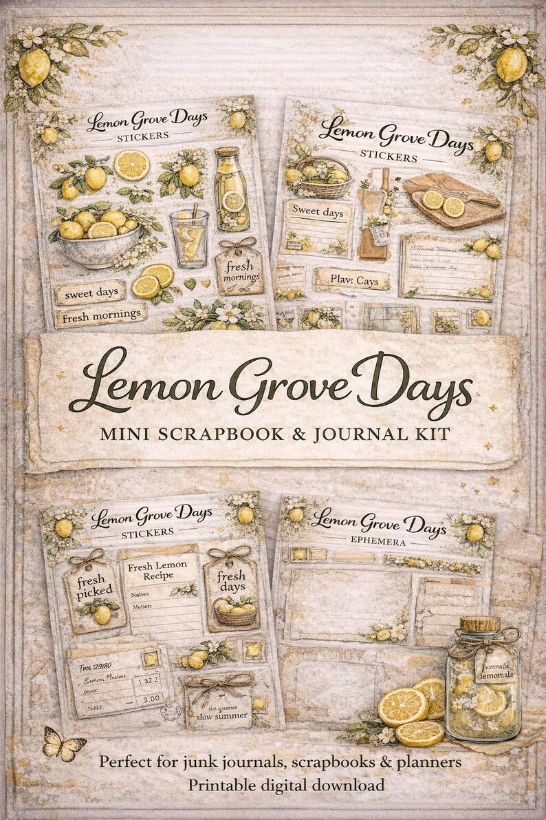 Lemon Junk Journal Kit Printable, Vintage Scrapbook Papers, Ephemera ...