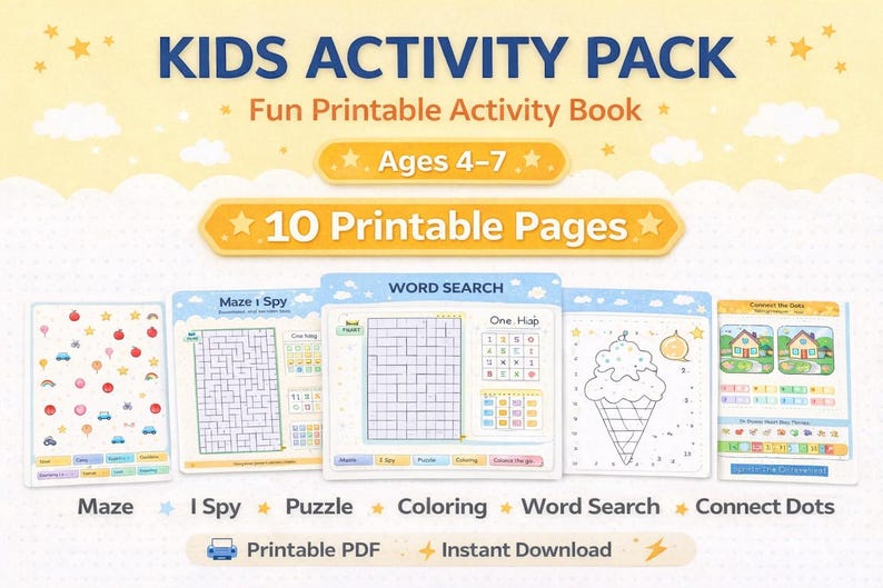 Printable Activity Pack for Kids, Fun Worksheets, Boredom Buster Games ...