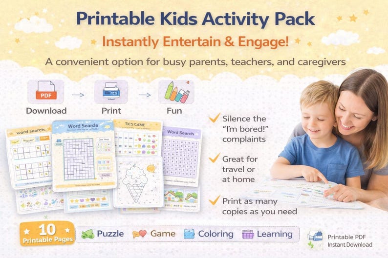 Printable Activity Pack for Kids, Fun Worksheets, Boredom Buster Games ...