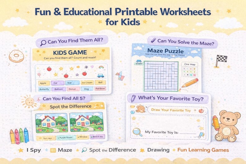 Printable Activity Pack for Kids, Fun Worksheets, Boredom Buster Games ...