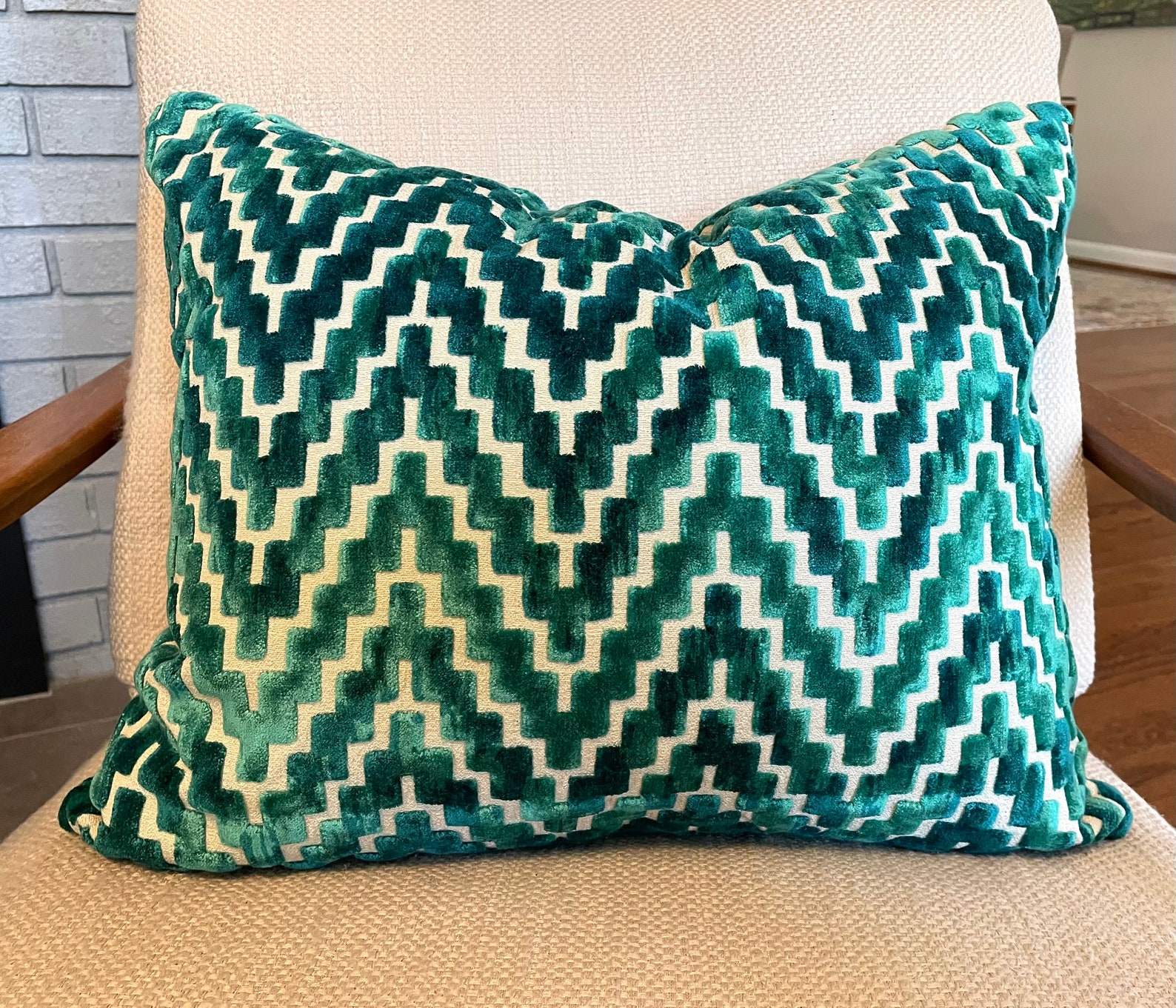 Emerald Green Velvet Geometric Pillow Cover / Designer Chevron ...