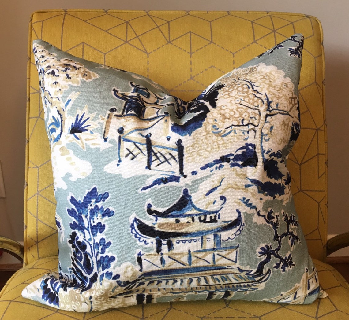 Asian Pagoda / Blue Grey and Ivory Toile Pillow Covers / - Etsy