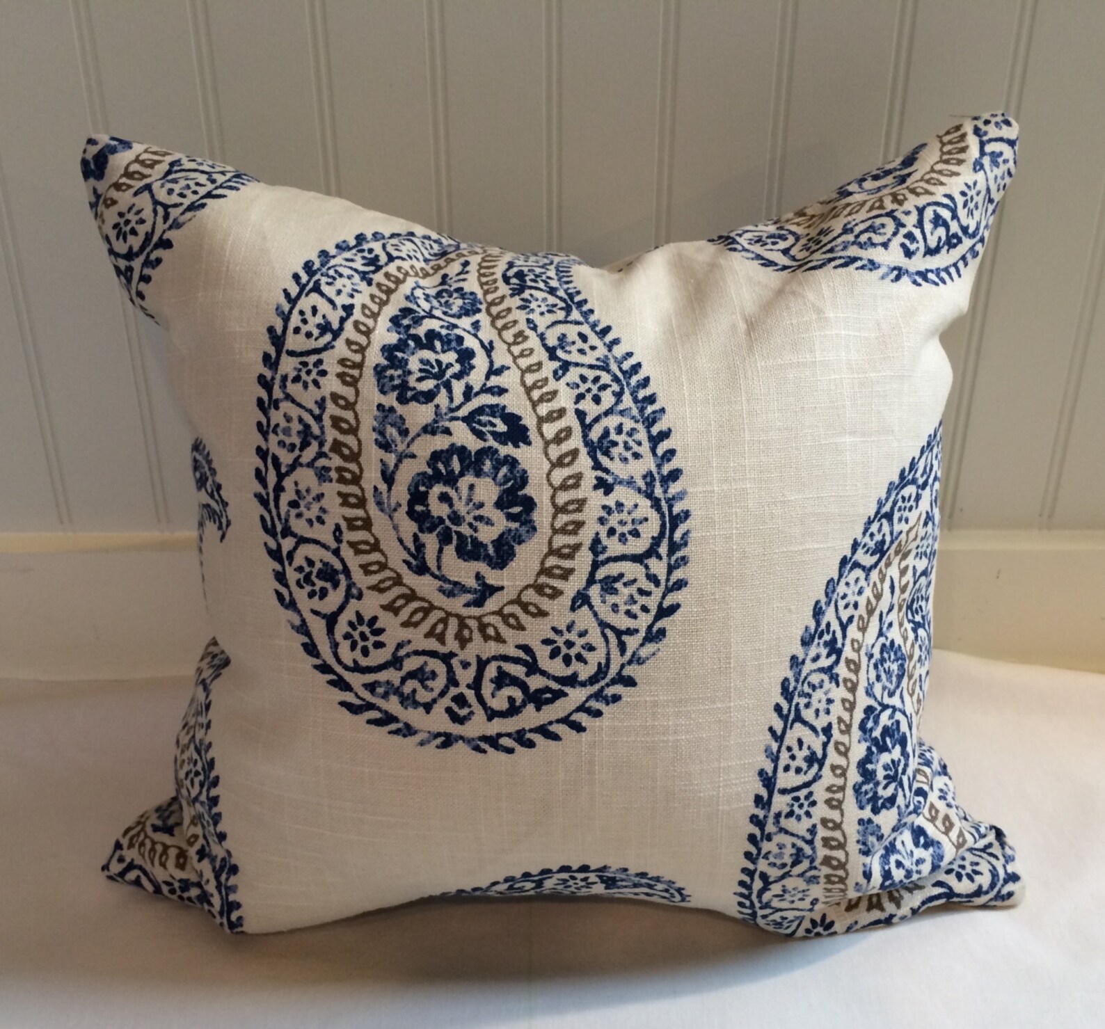 Indigo Blue, Tan and Beige Paisley Pillow Covers / Designer Mandha ...