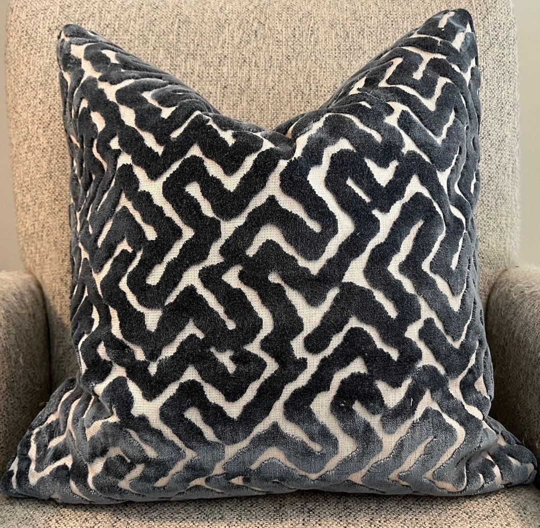 Custom Navy Blue and Ivory Cut Velvet Tribal Pillow Covers / Designer ...
