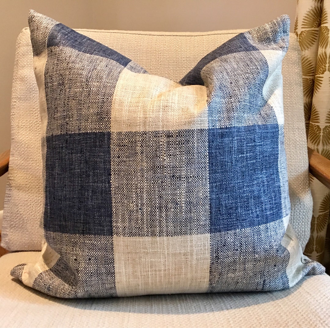 Blue and Oatmeal Check Pillow Cover / Designer P. Kaufmann Check Please ...