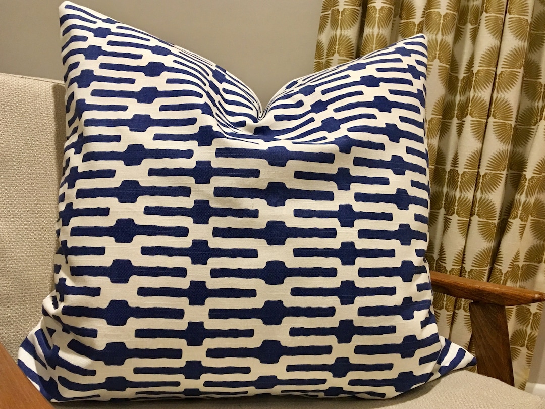 Navy Blue and Ivory Geometric Pillow Covers / Designer Links Indigo ...