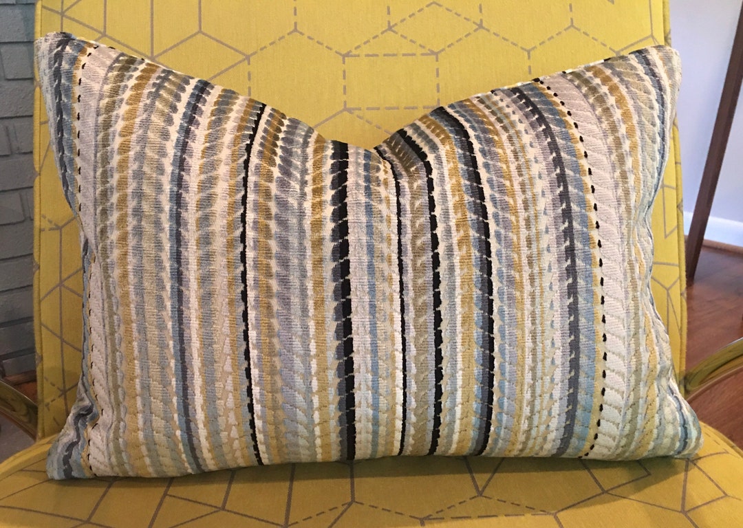 Blue, Grey and Gold Cut Velvet Stripe Geometric Pillow Covers ...