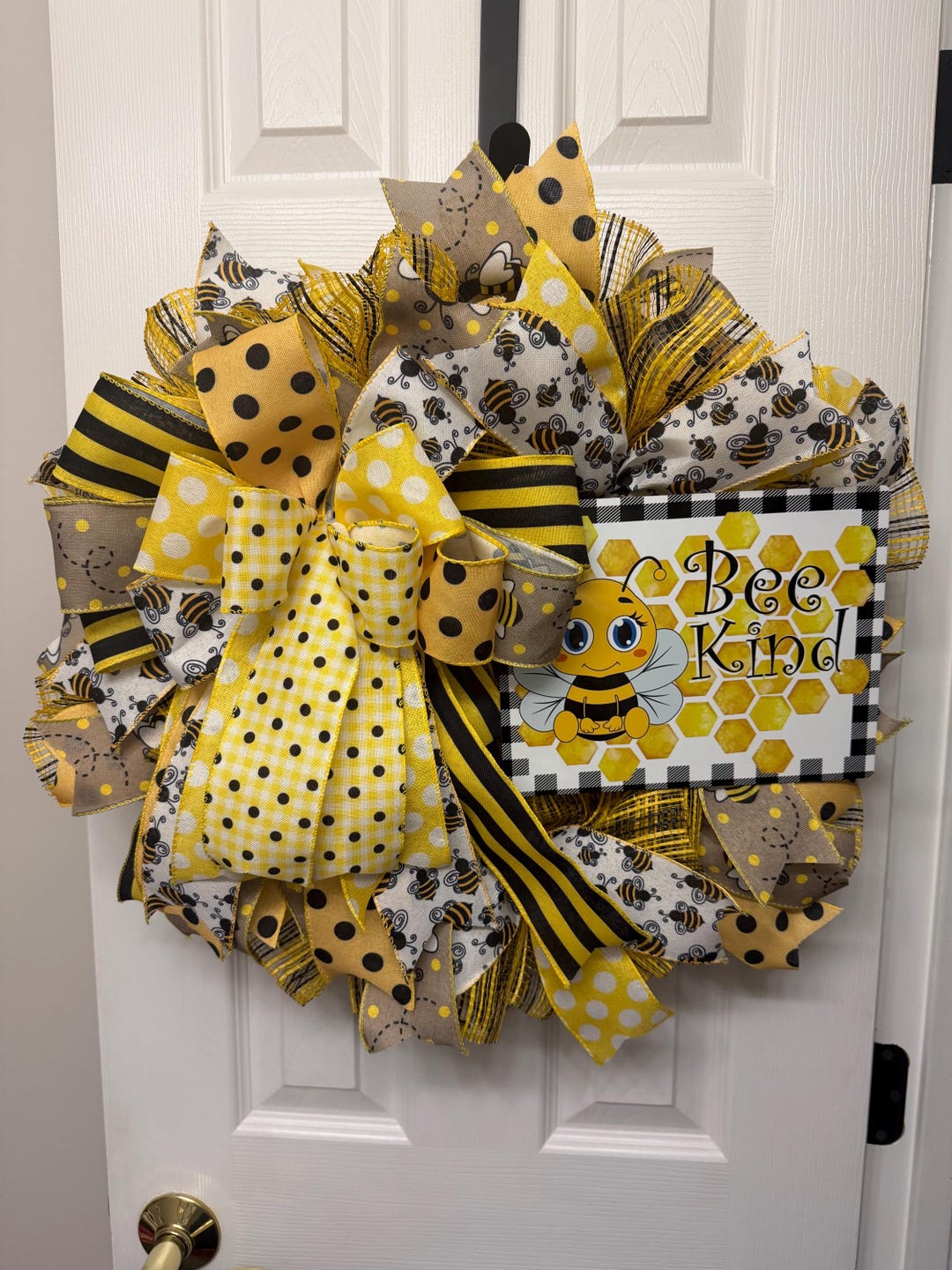 Bee Kind Wreath: Yellow Polka Dot, Bumblebee Ribbon, Honeycomb Accent ...