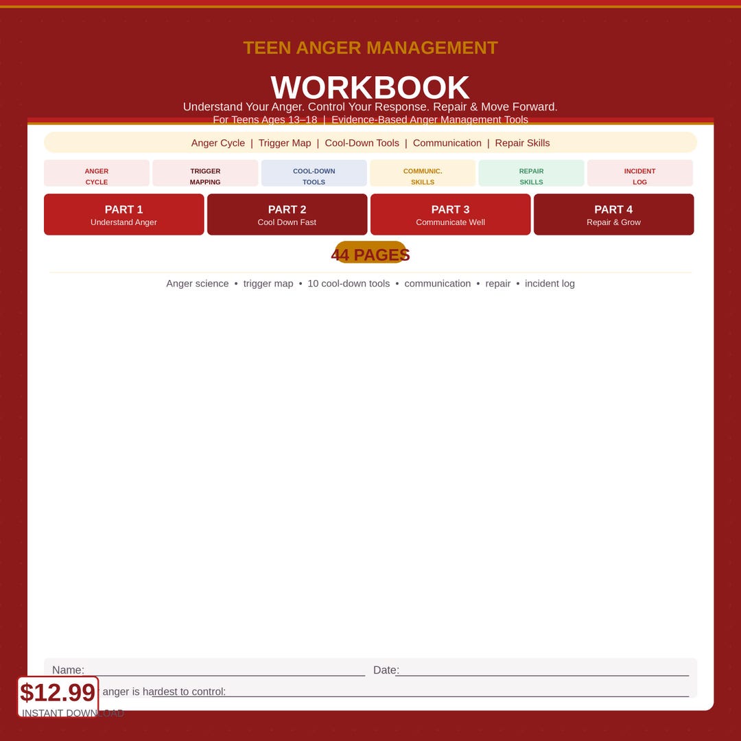 Teen Anger Management Workbook | Anger Cycle Cool-down Tools PDF - Etsy