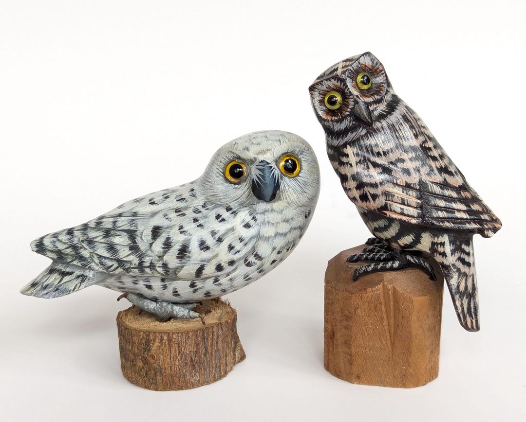 Pr. Small Vintage Carved Wood Owl Figurines Perched on Logs Hand ...