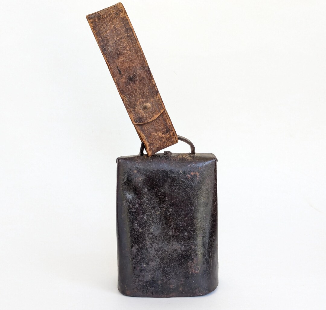 Older Vintage Primitive Cow Bell W/ Leather Strap- Fold Rivet Style ...