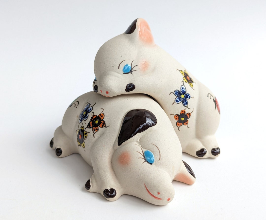 Pair of Sweet nesting Pottery Pig Figurines W/ Floral Glaze Details ...