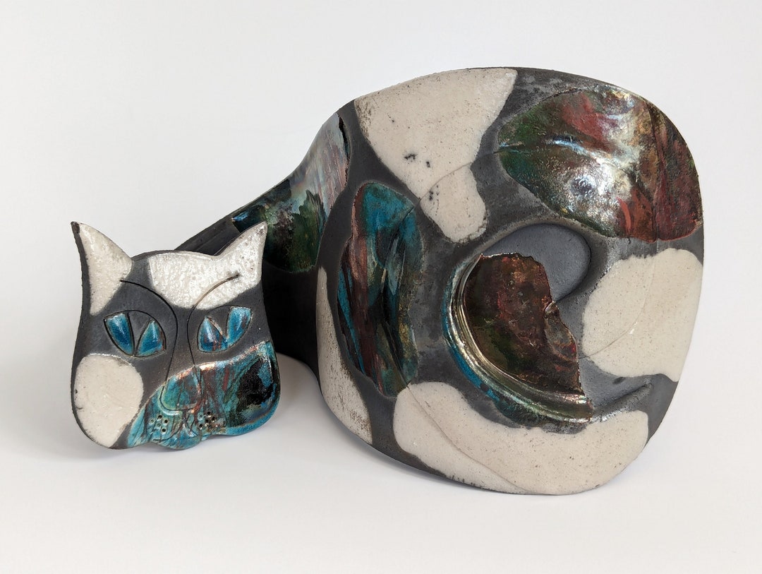 Vintage Studio Pottery Raku Cat Art Figurine Signed VJ- Mid Century ...